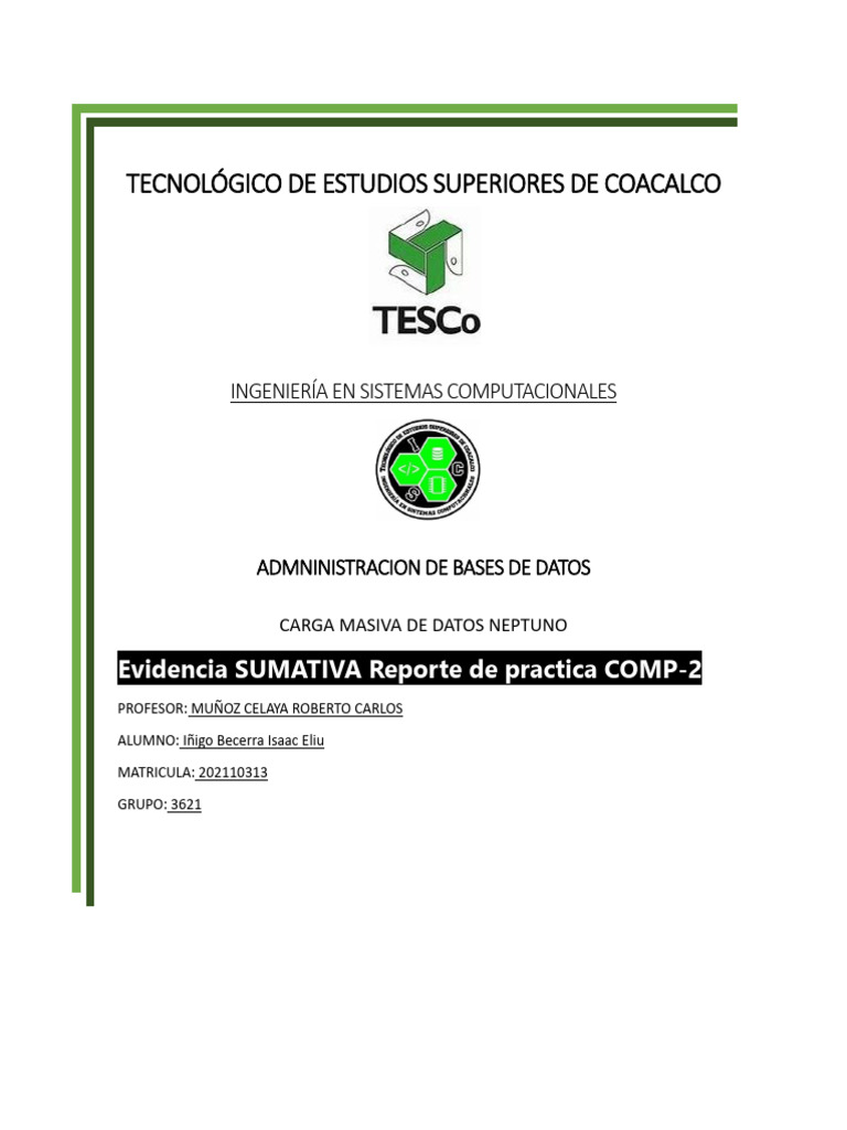 Evidencia SUMATIVA Reporte de Practica COMP-2 | PDF | Bases de datos | Servidor SQL de Microsoft