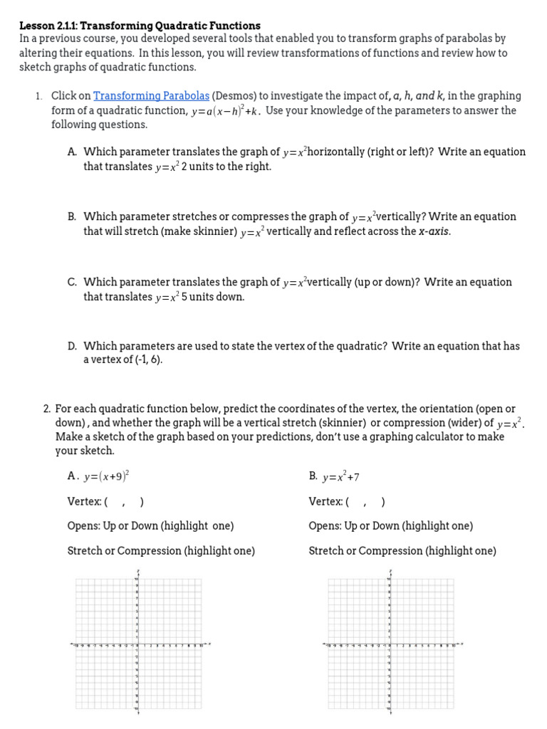 Lesson 2.1.1 - Transforming Quadratic Functions | PDF | Theoretical Computer Science | Combinatorics