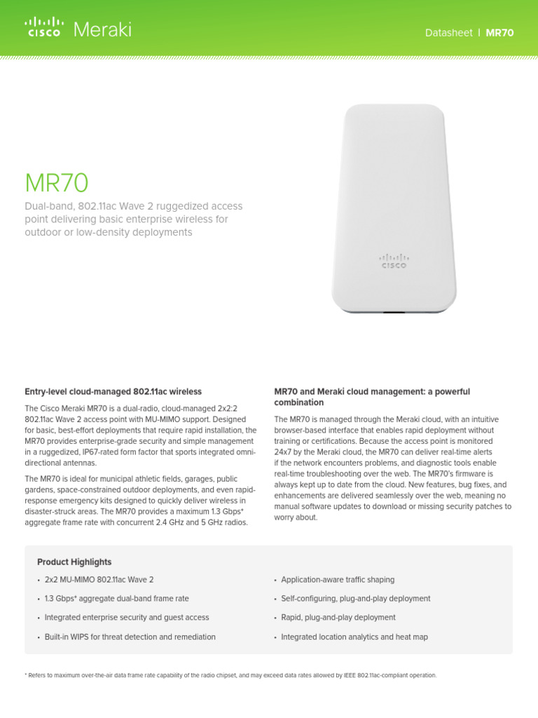 meraki_datasheet_MR70 | PDF | Ieee 802.11 | Computer Network