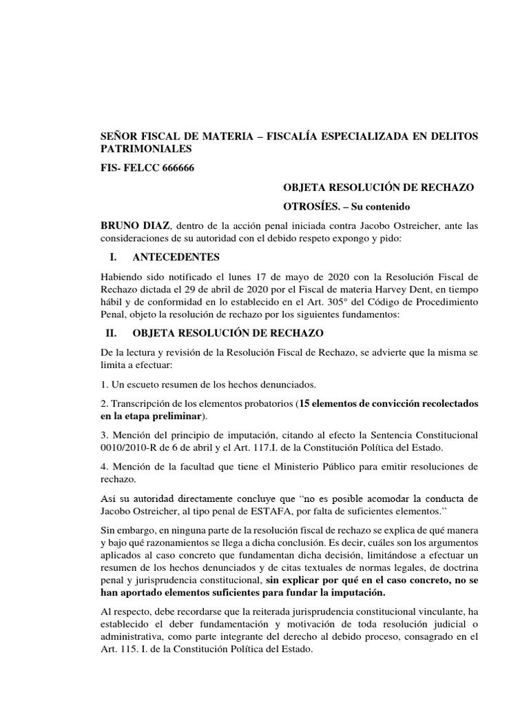 Objeción a Resolución de Rechazo Fiscal | PDF | Debido al proceso ...