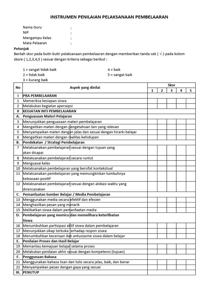 Instrumen Penilaian Supervisi Pembelajaran-1 | PDF | Karier & Perkembangan
