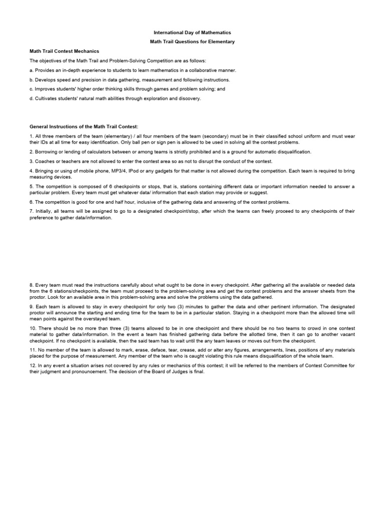 Math Trail Contest for Elementary Students | PDF