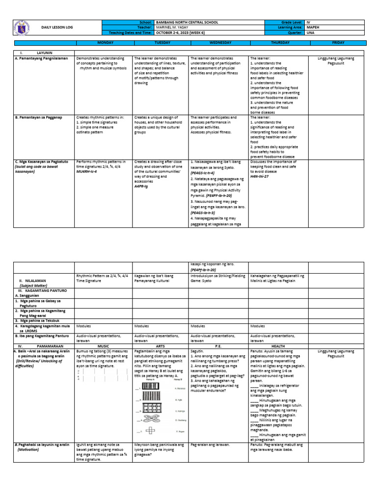 DLL MAPEH-4 Q1 W6 Newedumaymaylauramosangie-1 | PDF | Learning | Musicology
