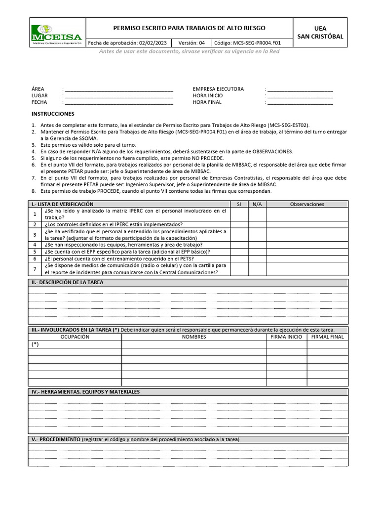 MCS-SEG-PR004.F01 Permiso Escrito para Trabajos de Alto Riesgo | PDF