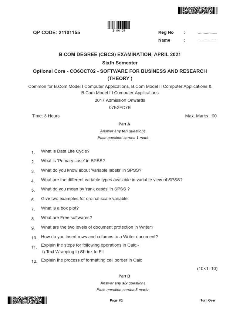 QP CODE: 21101155: Reg No: Name | PDF | Spss | Spreadsheet