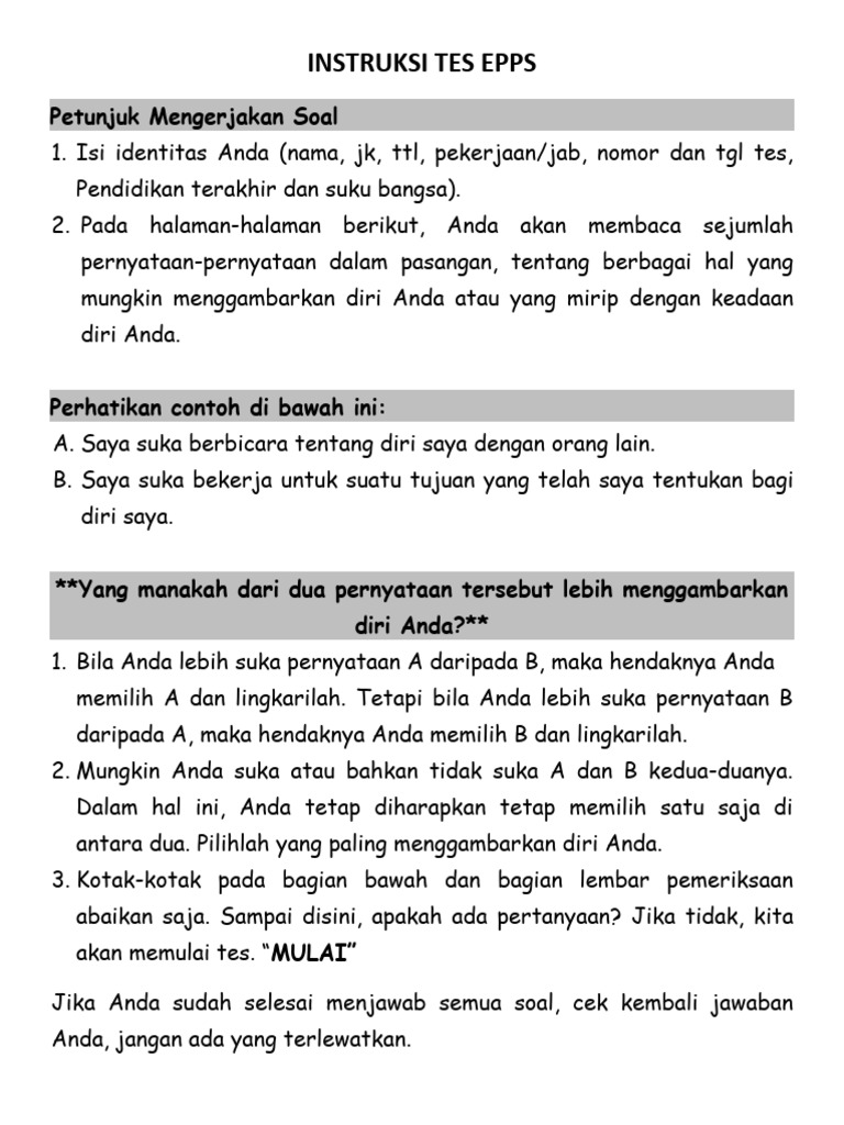 Instruksi Tes - Epps, MSDT, Pauli, Disc, Wartegg | PDF