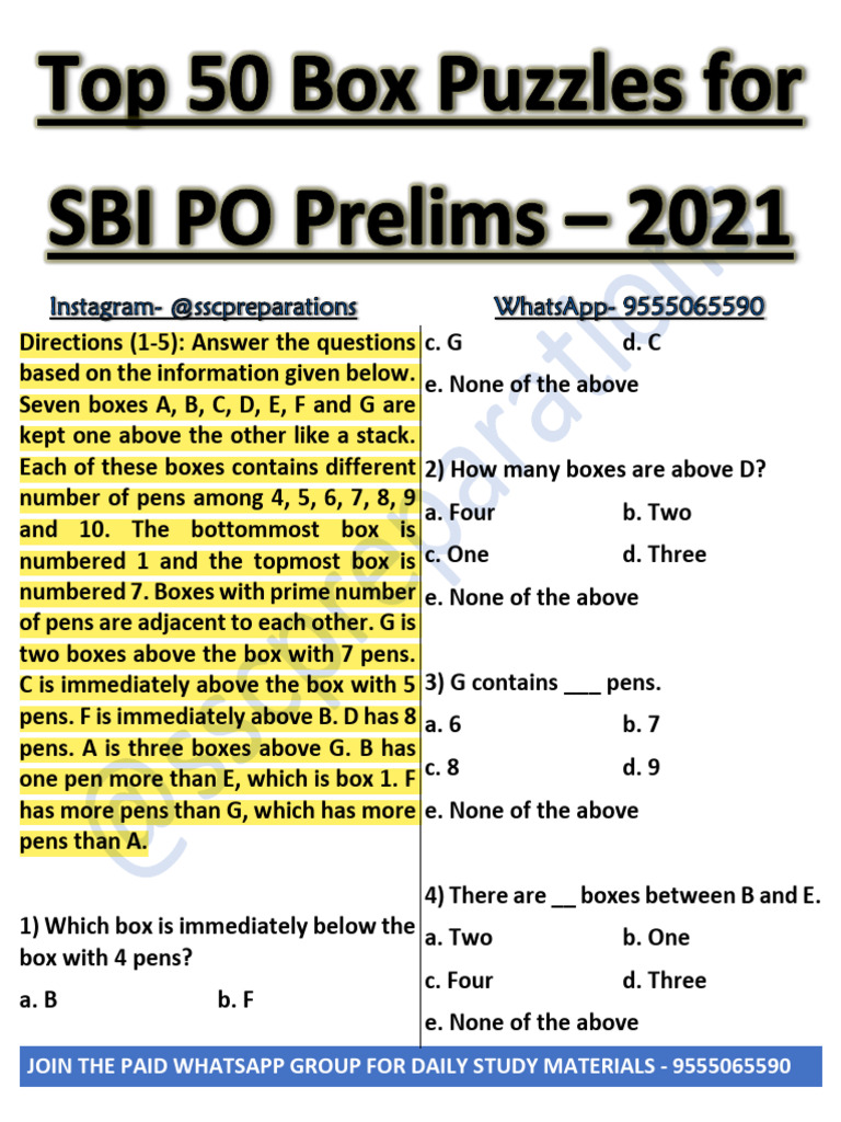 Top 50 Box Puzzles for SBI PO Prelims 2021 (2) | PDF