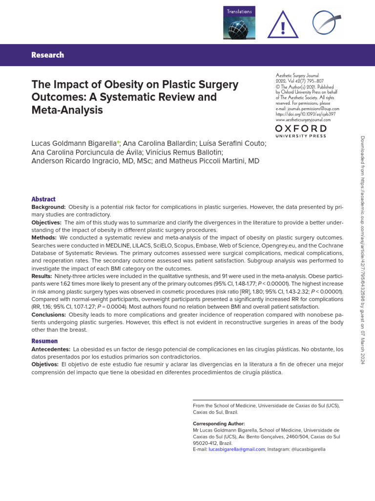 The Impact of Obesity On Plastic Surgery | PDF | Systematic Review ...