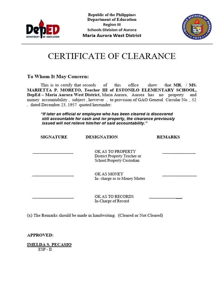 Certificate of Clearance | PDF