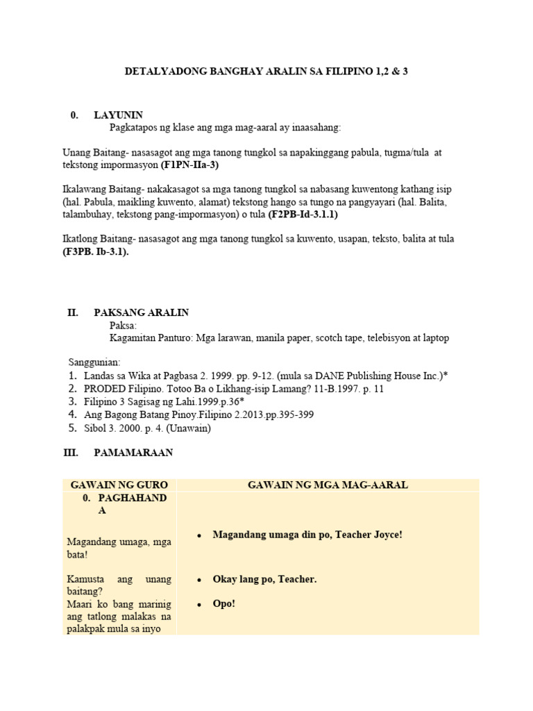 Detalyadong Banghay Aralin Sa Filipino 1 | PDF