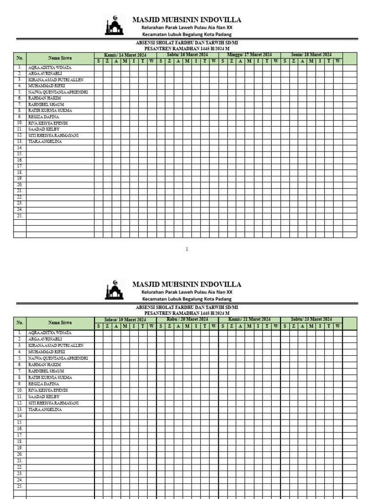 Absen Sholat Pesantren Ramadhan 2024 | PDF | Perjalanan | Griya & Taman