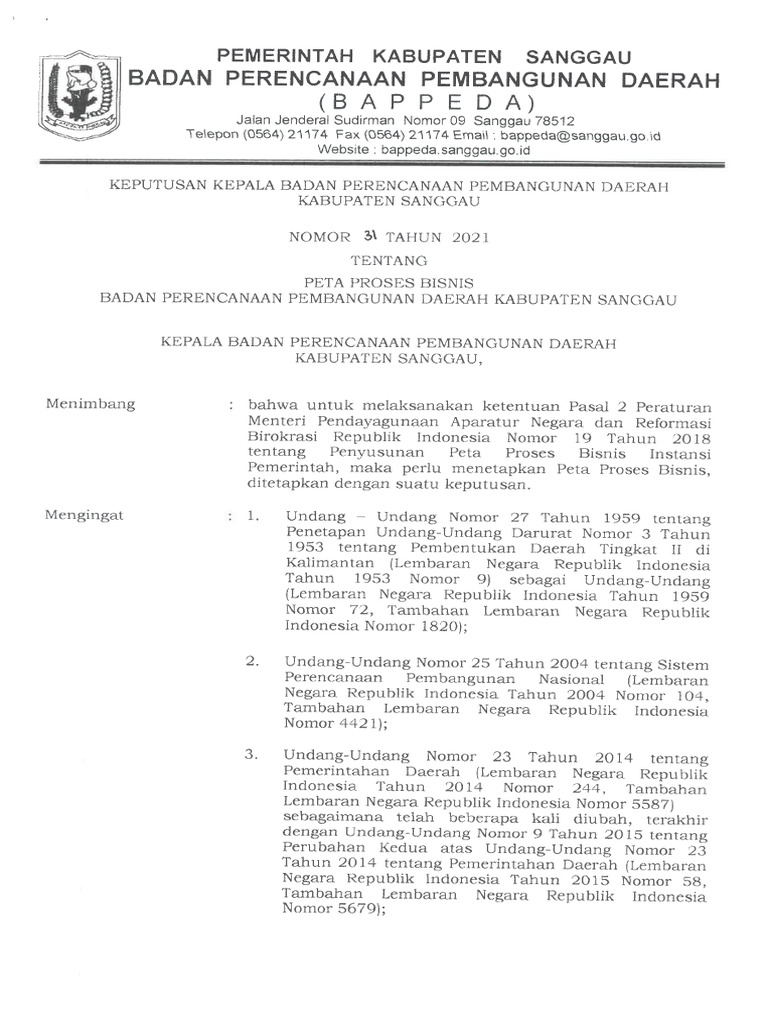 SK. No 31 Tahun 2021 Tentang Peta Proses Bisnis Bappeda Kab. Sanggau | PDF