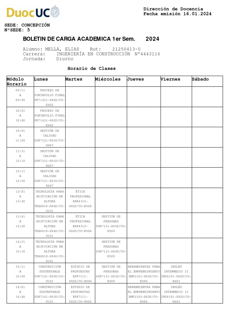 Horario Académico Elías Mella 2024 | PDF