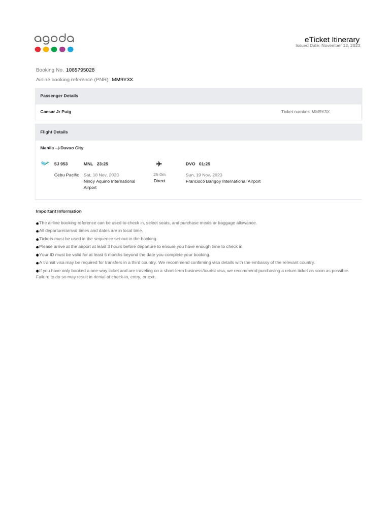 Agoda Booking ID 1065795028 Eticket | PDF