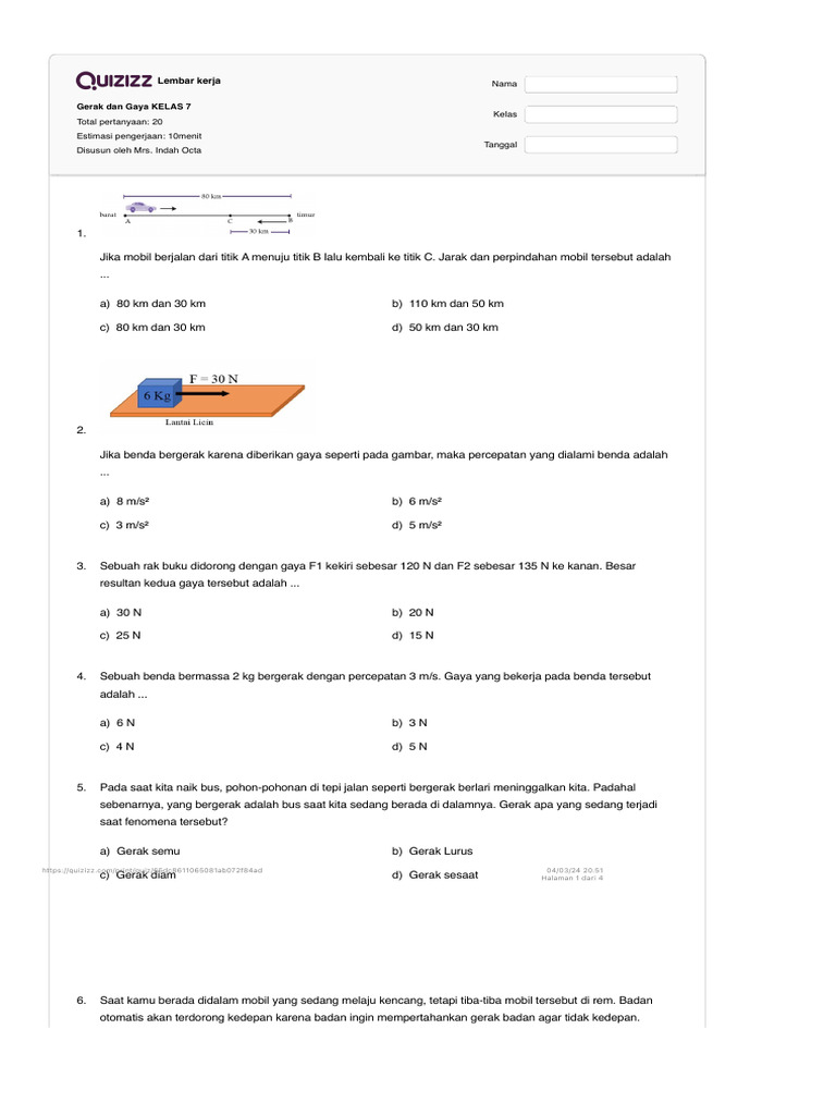 Gerak Dan Gaya KELAS 7 - Quizizz 2 | PDF