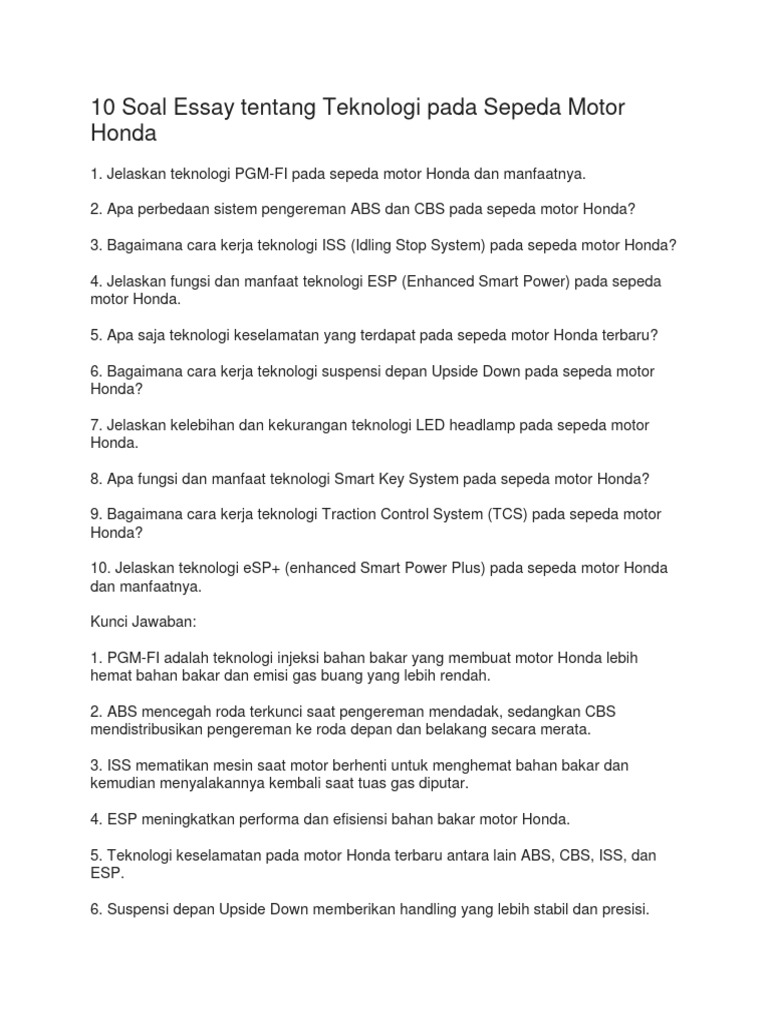 10 Soal Essay Tentang Teknologi Pada Sepeda Motor Honda | PDF | Teknologi & Rekayasa