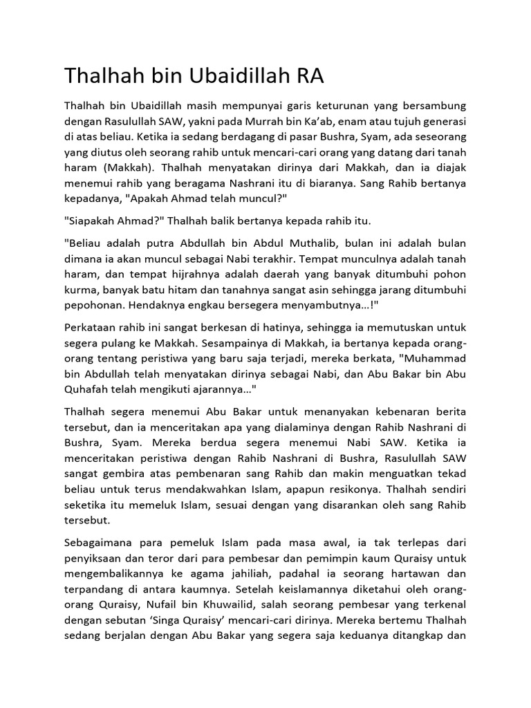 Thalhah bin Ubaidillah: Pejuang dan Dermawan | PDF