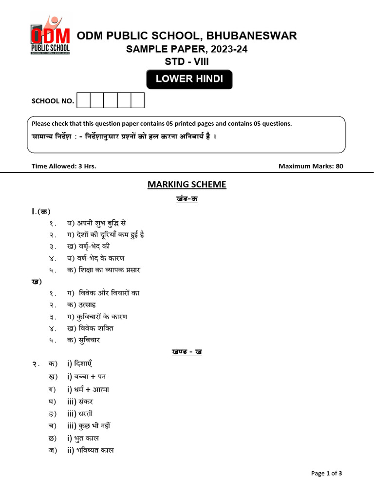 Lower Hindi - Std-Viii - Annual - Marking Scheme | PDF