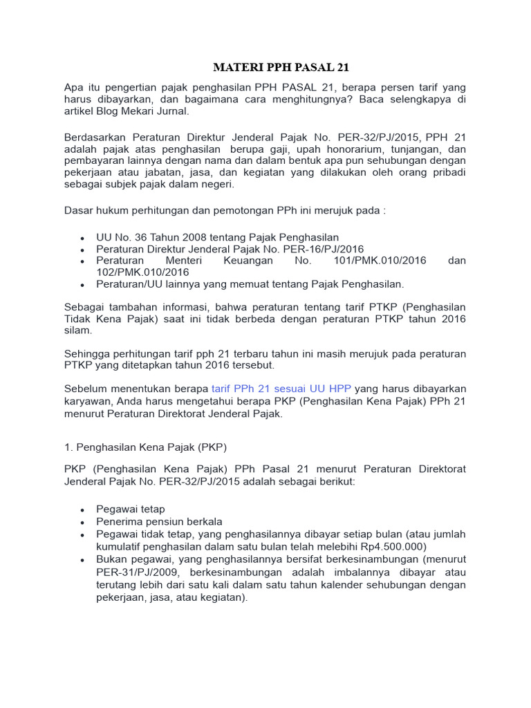 Materi PPH Pasal 21: 1. Penghasilan Kena Pajak (PKP) | PDF | Pengelolaan Keuangan & Uang