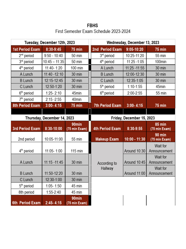 FBHS Exam Schedule Dec 2023 | PDF