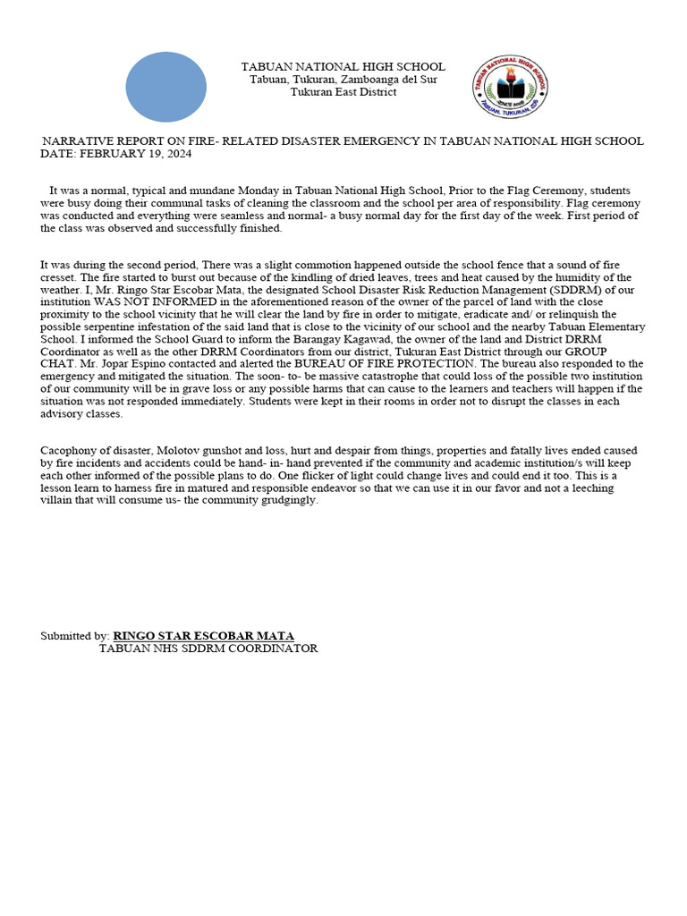 DRRM Narrative Report Fire Hazard Incident in Tabuan NHS | PDF | Social Science | Wellness