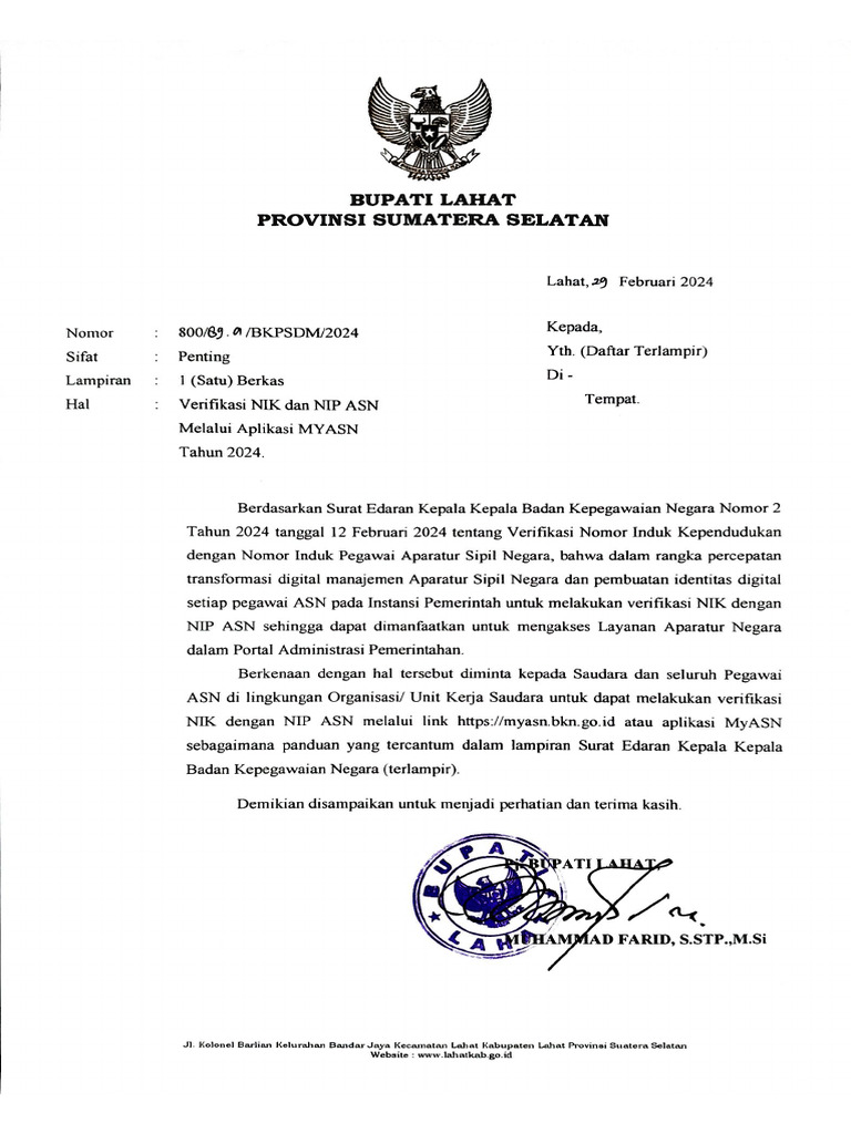 Surat Verifikasi Nik Dan Nip ASN | PDF