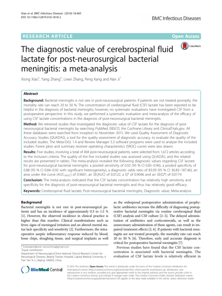 Diagnostic Value of Cerebrospinal Fluid Lactate For Post-Neurosurgical | PDF | Meningitis ...