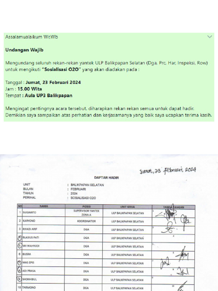 1. Daftar Hadir Sosialisasi o2o 2024 | PDF