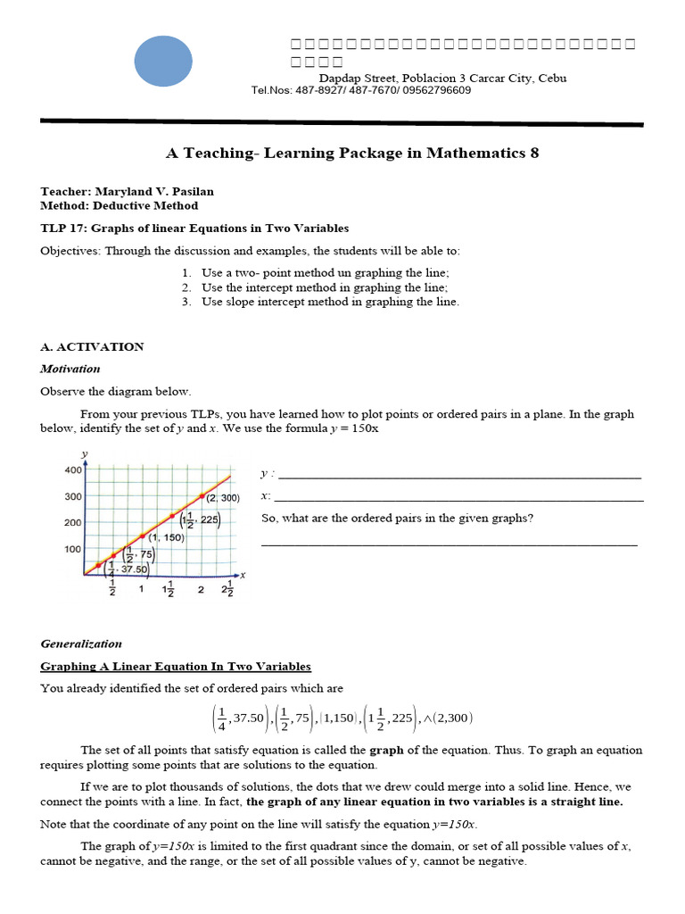 TLP 17 Graphs of Linear Equations in Two Variables | PDF | Equations | Line (Geometry)