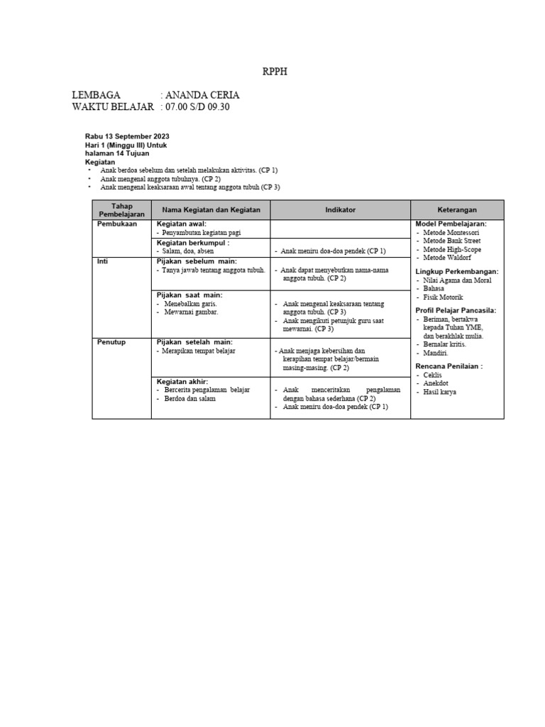 RPPH Ananda Ceria: Pembelajaran Minggu III | PDF