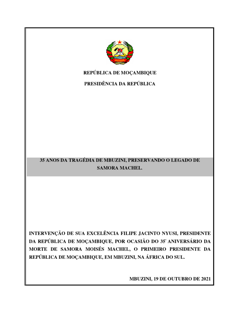 Discurso PR - 35 Anos Da Morte Do Presidente Samora Machel Mbuzini VF | PDF
