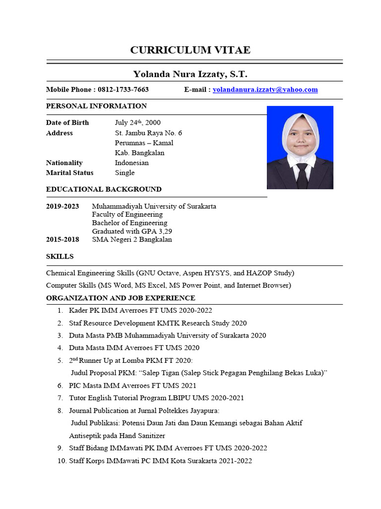 CV Yolanda Nura Izzaty, S.T. | PDF | Karier & Perkembangan