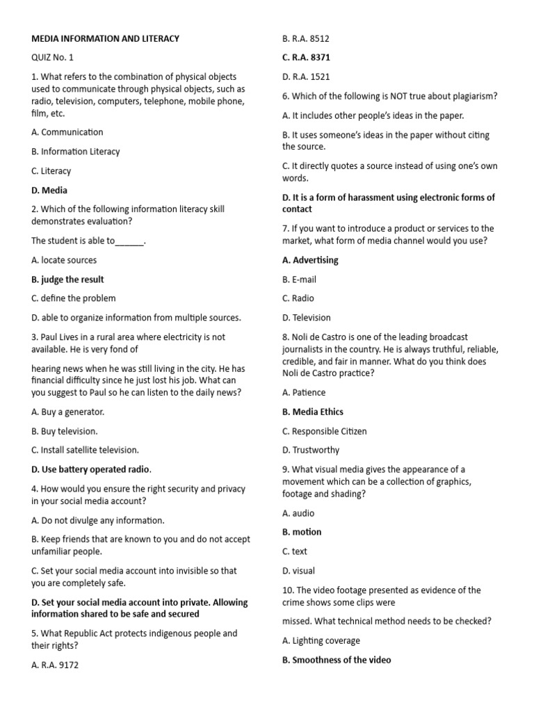 Media Literacy Quiz Questions | PDF | News | Information