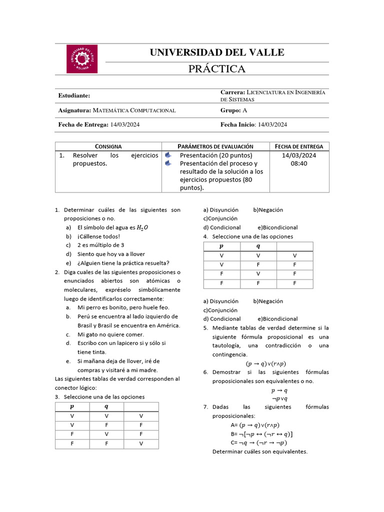 Practica 1.1 Ejercicios | PDF | Proposición | Lógica