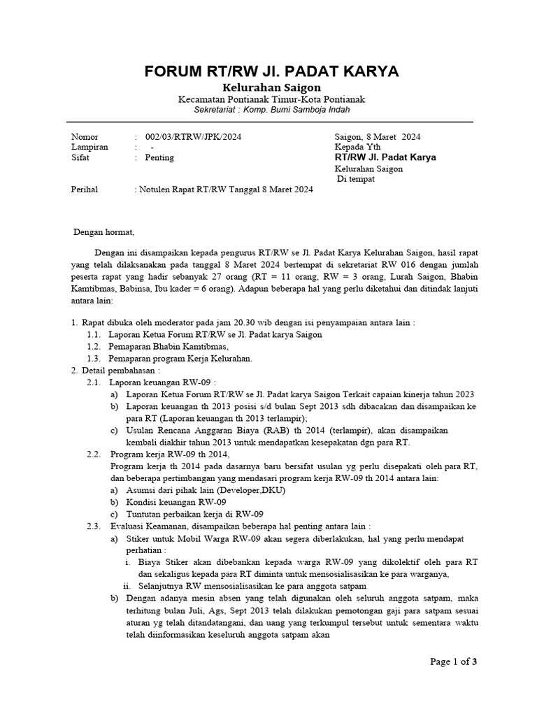 Notulen Rapat RT-RW Sept 13 Arsip | PDF