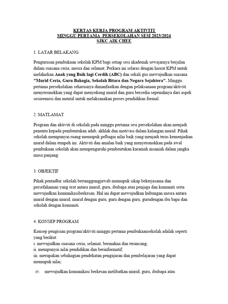 Kertas Kerja Program Minggu Pertama | PDF