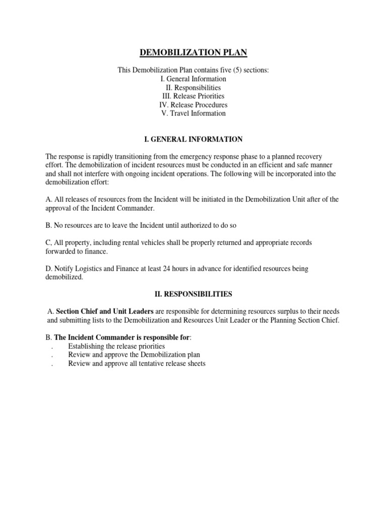 Sample Demob Plan | PDF | Incident Command System