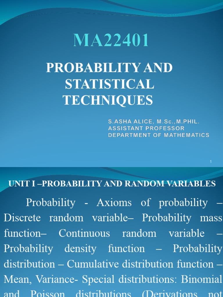 UNIT - I Probability - Problems | PDF | Probability Distribution | Random Variable