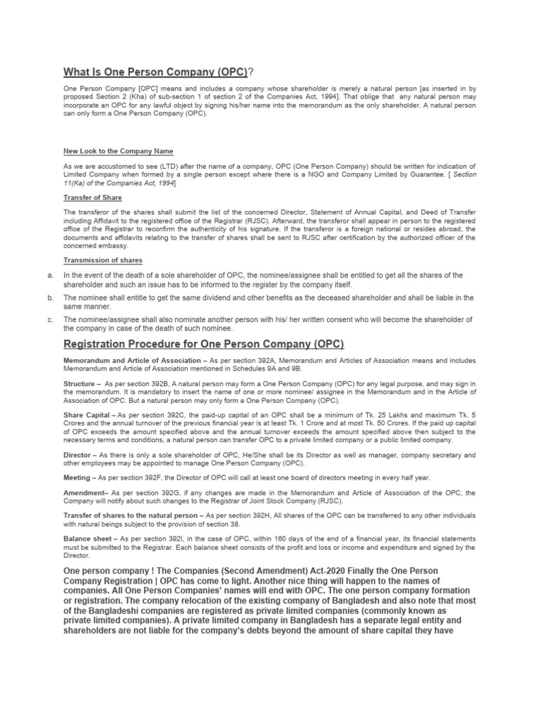 One Person Company Registration Guide | PDF | Articles Of Association ...