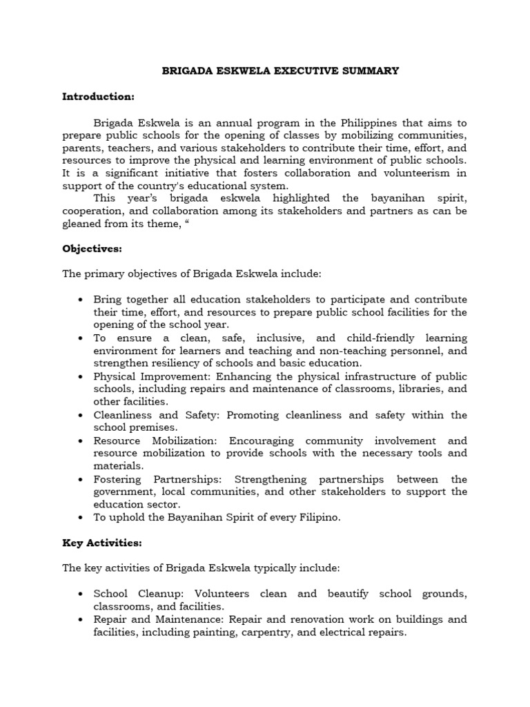 BRIGADA-ESKWELA-EXECUTIVE-SUMMARY (AutoRecovered) | PDF | Social ...
