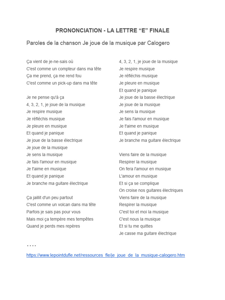 Paroles de "Je joue de la musique" | PDF | Art | Poésie