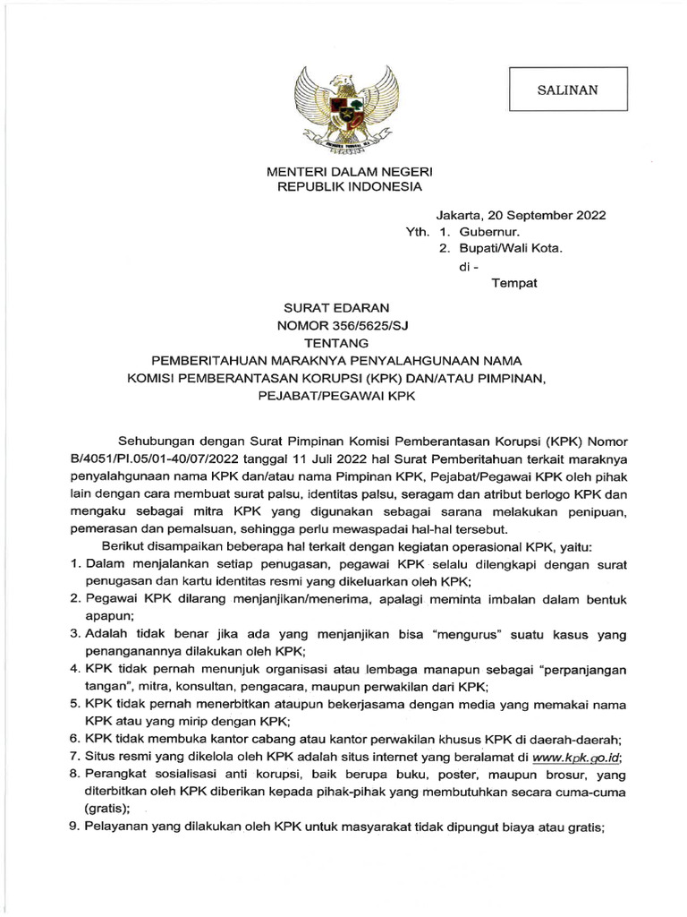 SALINAN SURAT EDARAN PEMBERITAHUAN PENYALAHGUNAAN NAMA KPK - Rotated | PDF