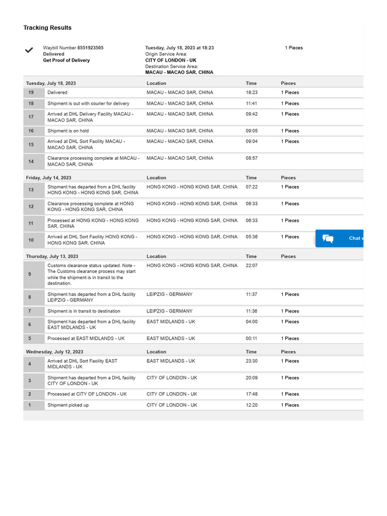 DHL Shipment Tracking Log | PDF | Macau | Service Industries