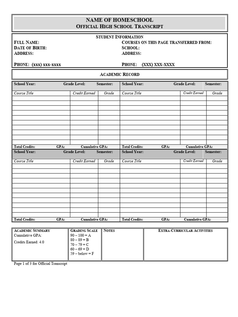 Homeschool Final Transcript Template (High School) | PDF | Education Issues | Educational Stages