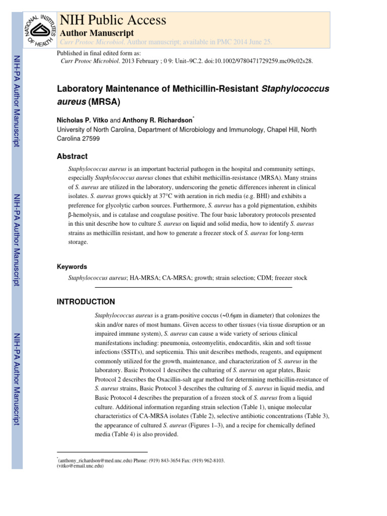 Laboratory Maintenance of Methicillin-Resistant Staphylococcus PAPER ...