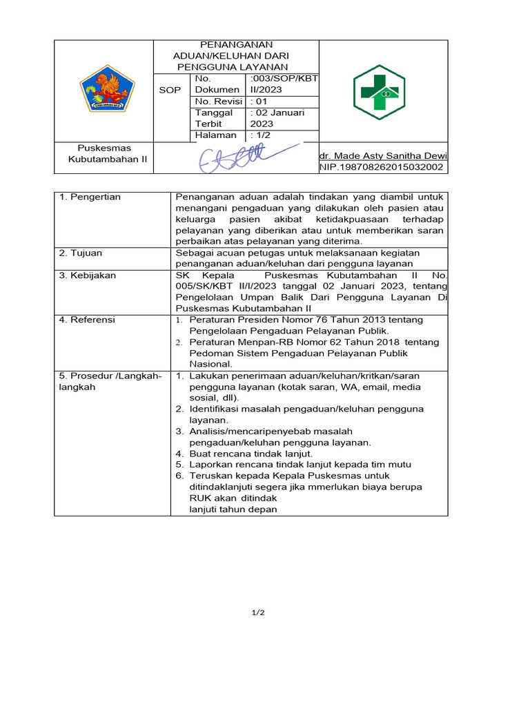 SOP Pengaduan Layanan | PDF