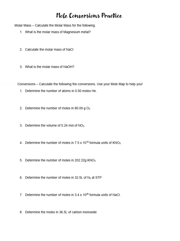 Mole Conversions Practice | PDF | Teaching Methods & Materials ...