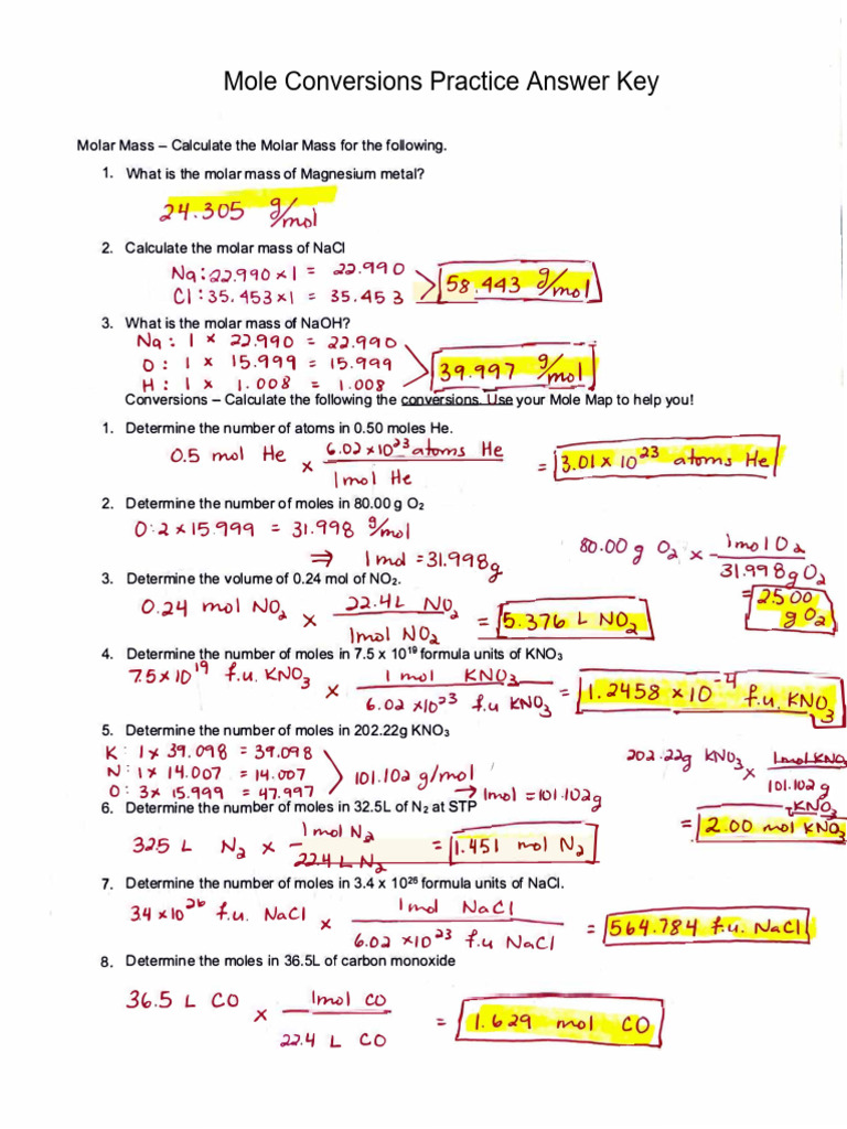 Mole Conversions Practice Answer Key | PDF | Mole (Unit) | Scientific ...