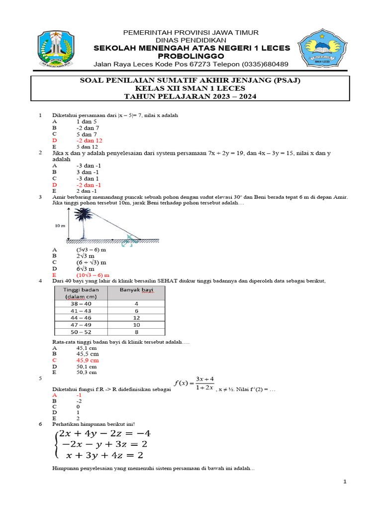Soal Cetak Psaj Mat Wajib Sugiati 2023-2024 | PDF