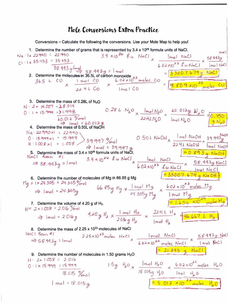 Mole Conversions Extra Practice Answer Key | PDF